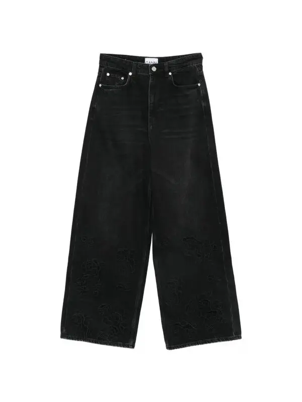 GANNI Floral-embroidered Wide-leg Jeans - Black