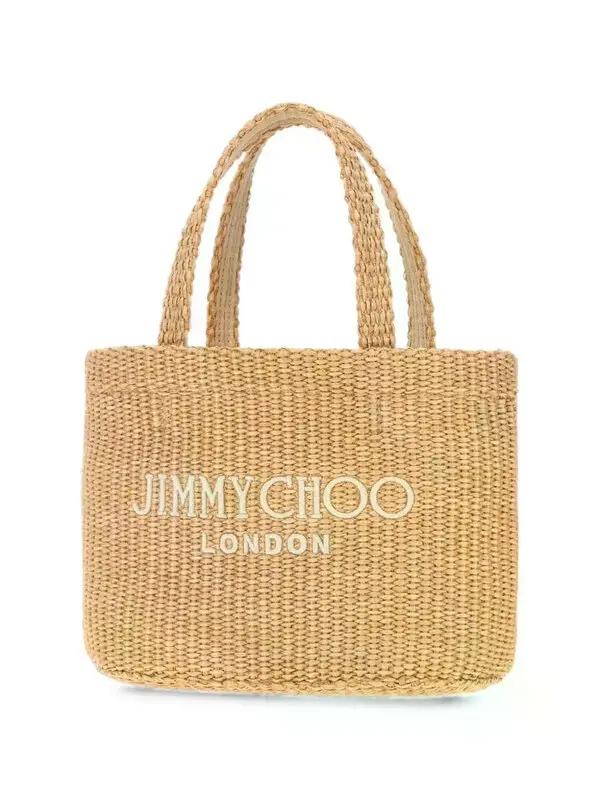 JIMMY CHOO Mini Logo-embroidered Raffia Tote Bag
