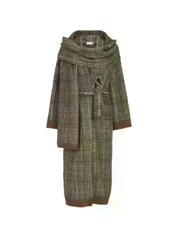 Brunello Cucinelli Mohair And Wool Prince-of-wales Double-knit Coat With Scarf - Neutrals