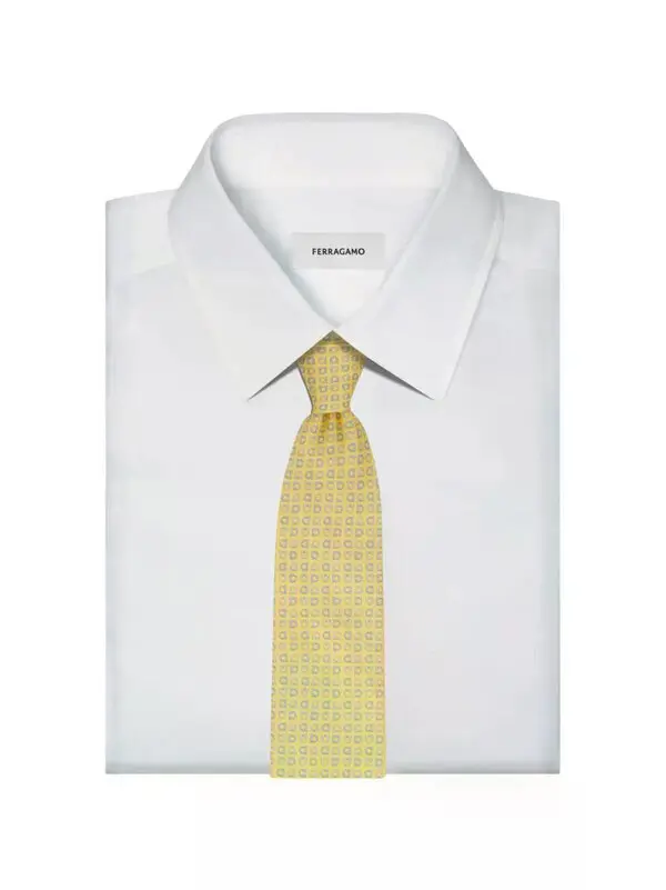 FERRAGAMO Gancini Print Silk Neck Tie - Yellow