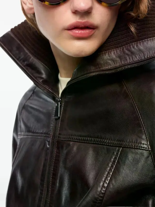 Pinko Ribbed-trim Leather Jacket
