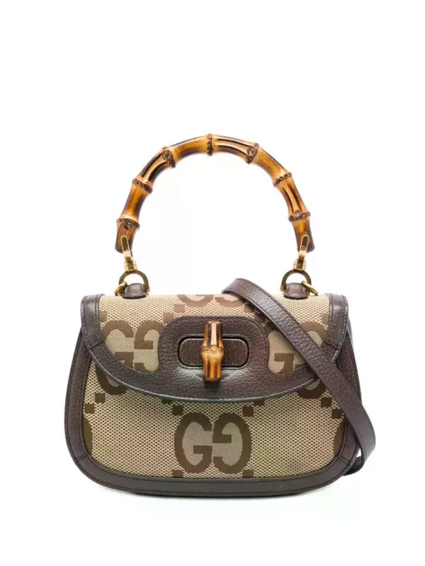 Gucci 2016-2026 Small Jumbo Gg Canvas Bamboo 1947 Top Handle Bag Satchel - Neutrals