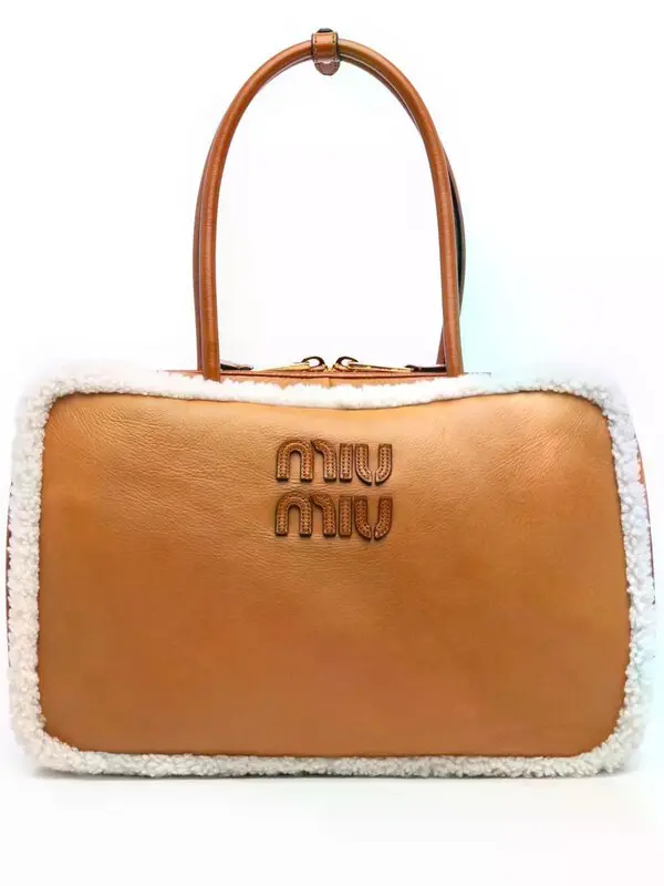 Miu Miu 2010-2026 Large Shearling Trimmed Calfskin Logo Beau Shoulder Bag - Brown