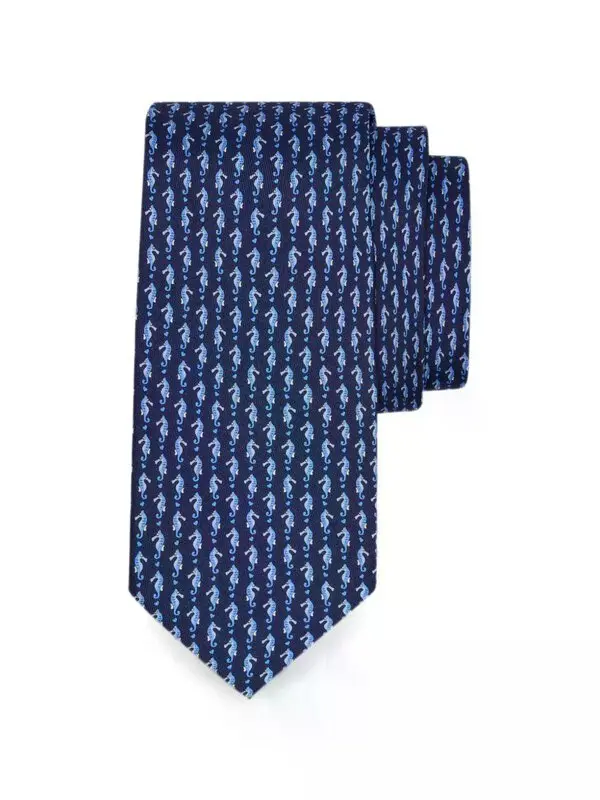 FERRAGAMO Seahorse Print Silk Neck Tie - Blue