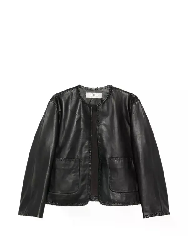 RÓHE Leather Collarless Jacket With Whipstitch Trim - Black