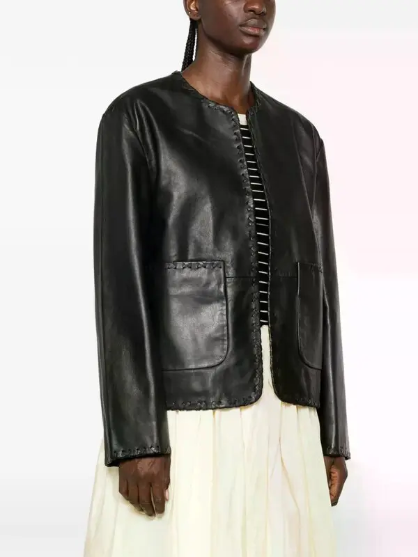 RÓHE Leather Collarless Jacket With Whipstitch Trim