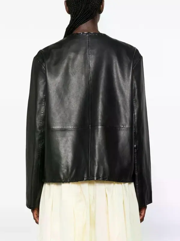 RÓHE Leather Collarless Jacket With Whipstitch Trim