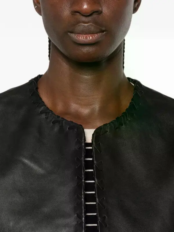 RÓHE Leather Collarless Jacket With Whipstitch Trim