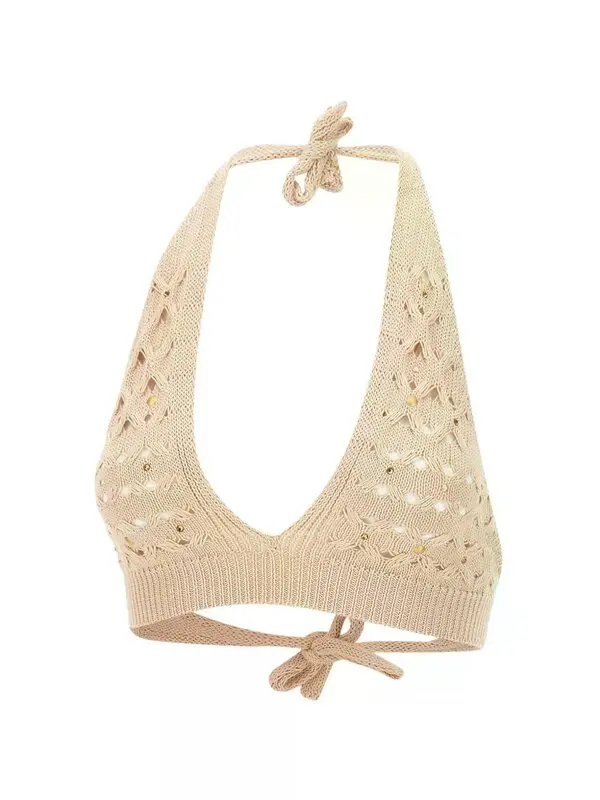 KANGRA Stud-embellished Open-knit Halterneck Top