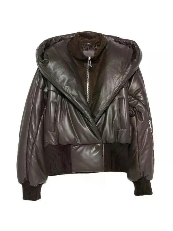 Attico Quilted Leather Hooded Jacket - Brown