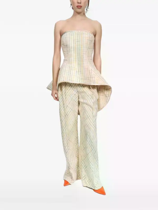 Rosie Assoulin Silk Check Pattern Strapless Peplum Top - Neutrals