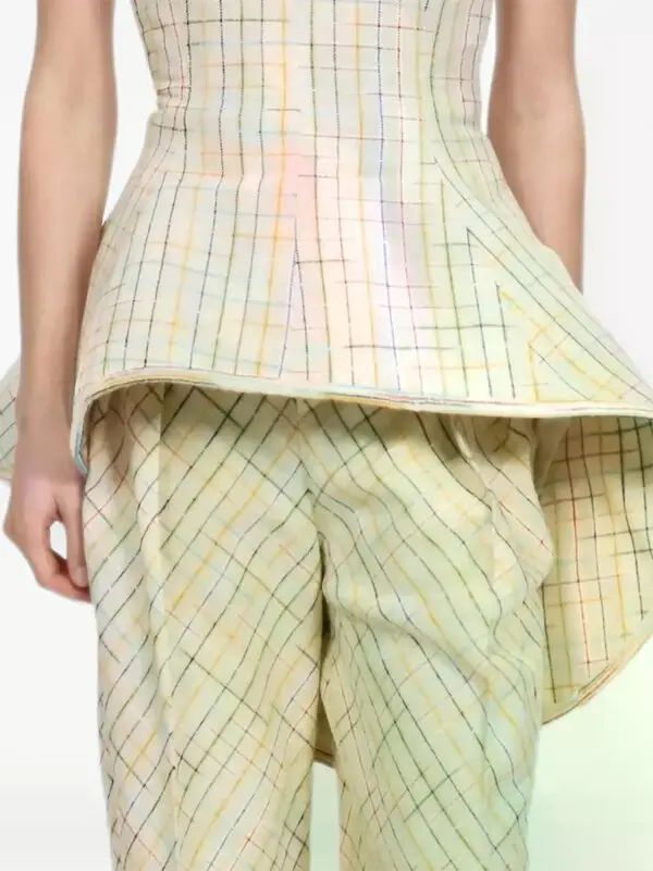 Rosie Assoulin Silk Check Pattern Strapless Peplum Top