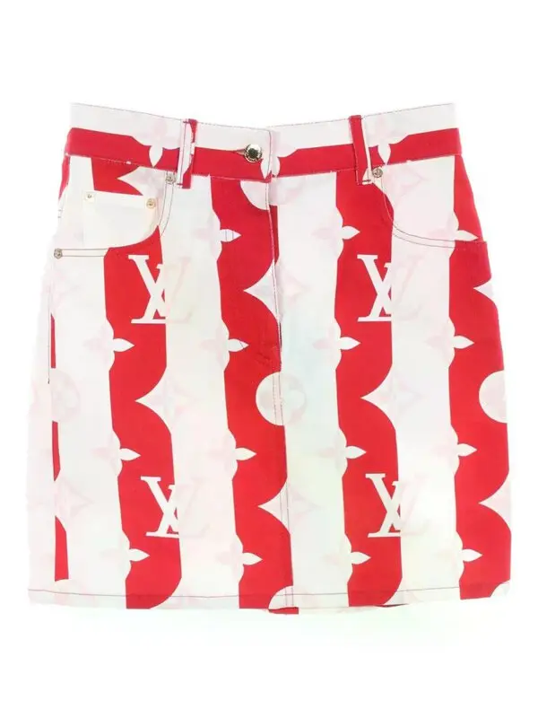 LOUIS VUITTON Monogram Flower Denim Skirt - Red
