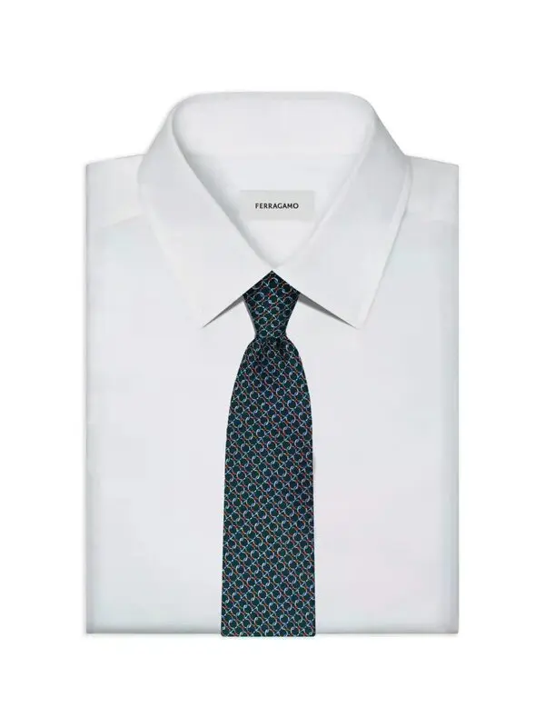 FERRAGAMO Gancini Silk Jacquard Tie - Green