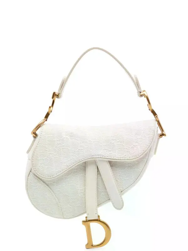 Dior 2020 Mini Oblique Embroidered Canvas Saddle Bag Satchel - White