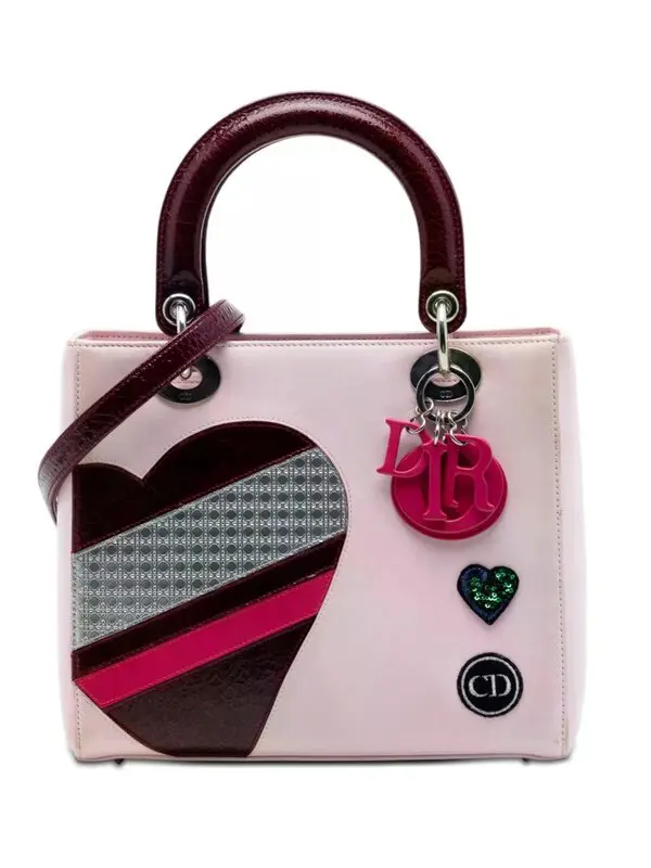 Dior 2015 Medium Calfskin Patent Embroidered Valentines Day Heart Lady Satchel - Pink