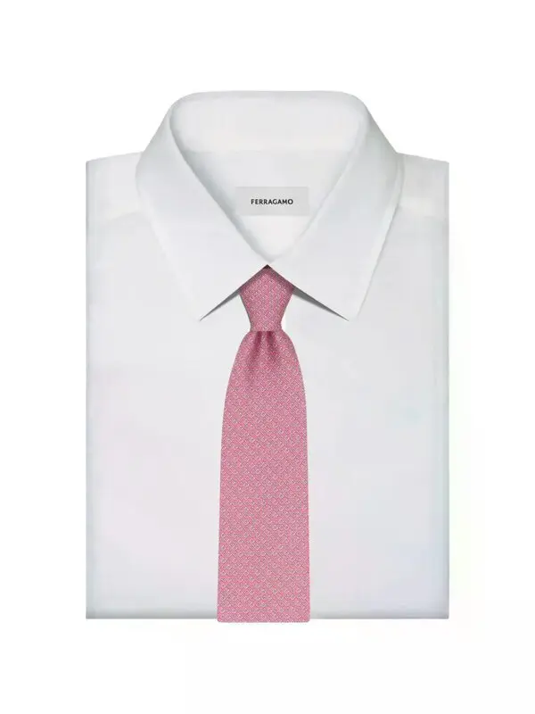 FERRAGAMO Gancini Square Print Silk Neck Tie - Pink