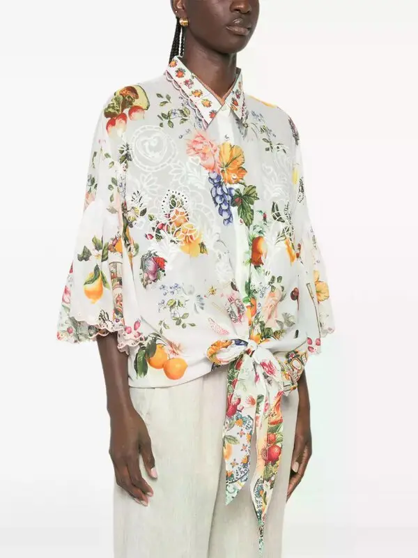 Camilla Printed Fruit Shirt With Ruffled Cuffs And Tie-fastening Hem