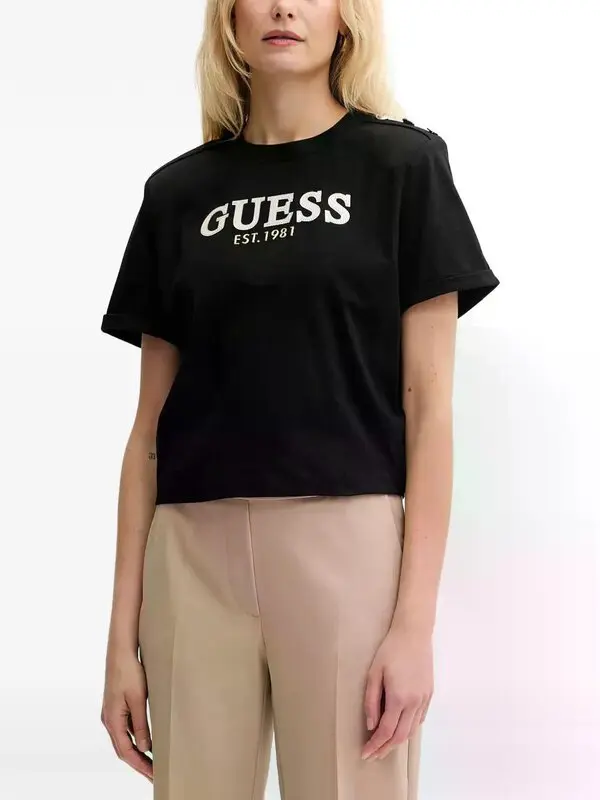 Guess Logo Print T-shirt With Button Detailing - Black
