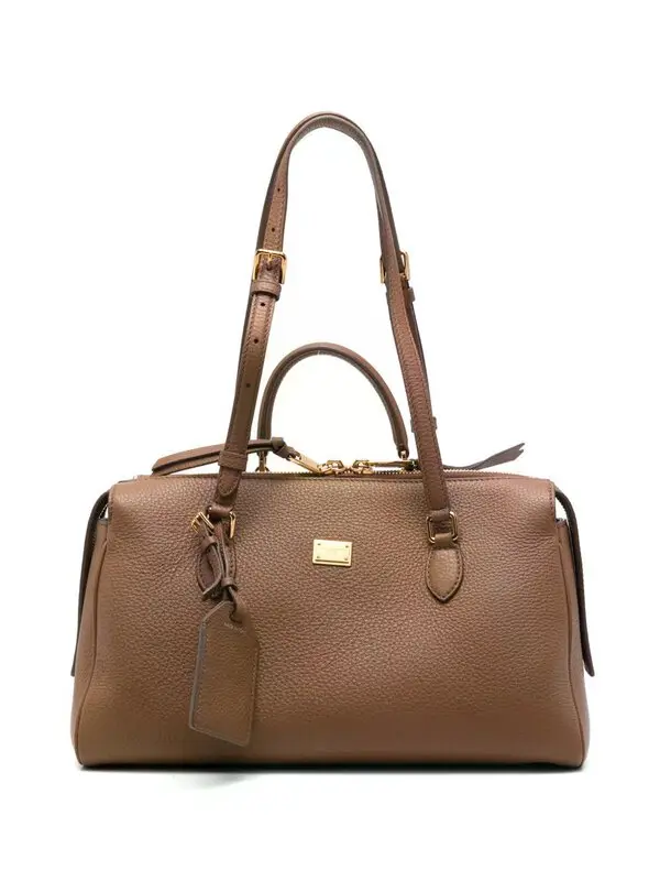 Dolce & Gabbana Logo Plaque Pebbled Leather Tote Bag - Brown