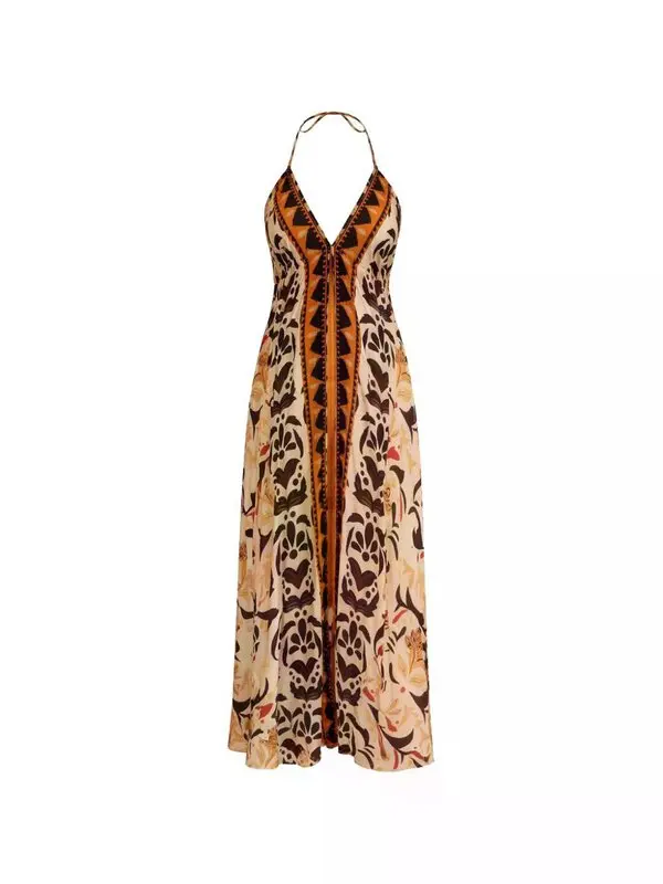 PAHIESA FORMENTERA Graphic Print Halterneck Maxi Dress - Neutrals