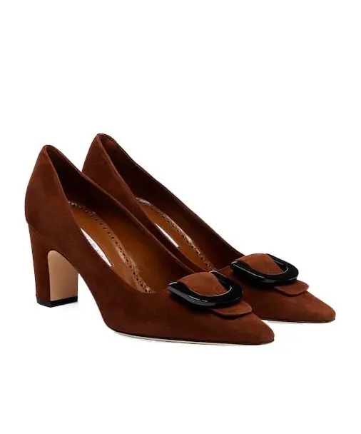 Manolo Blahnik Suede Block Heel Pumps - Brown