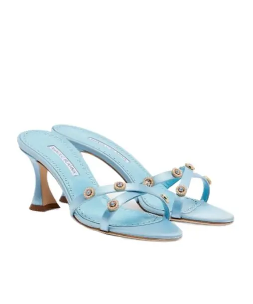 Manolo Blahnik Satin Crystal Embellished High Heel Sandals - Blue