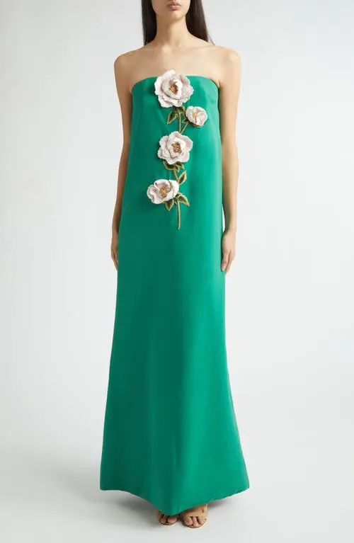 Lela Rose 3d Peony Embroidered Strapless Faille Gown - Fern/pink