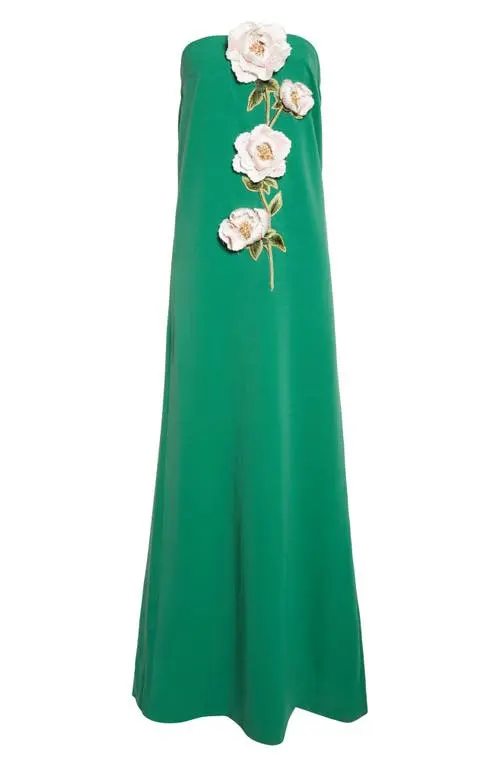 Lela Rose 3d Peony Embroidered Strapless Faille Gown