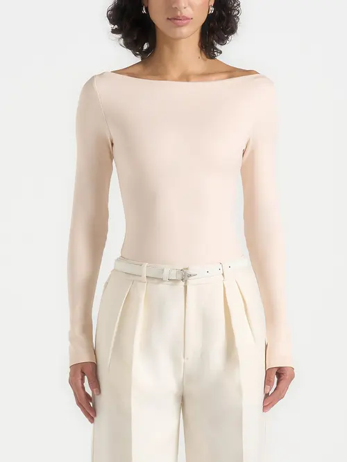 Manière De Voir Fitted Boat Neck Long Sleeve Bodysuit - Pink