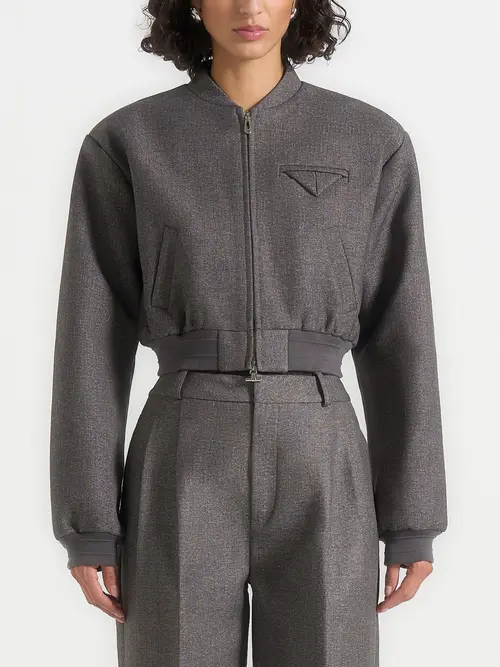 Manière De Voir Monique Exaggerated Shoulder Bomber Jacket - Grey Speckle