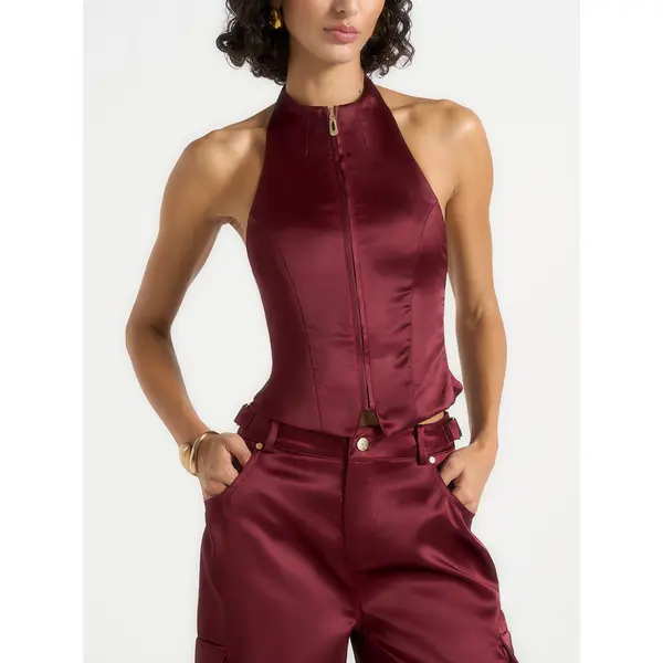 Manière De Voir Maniere De Voir Claudette Backless Satin Halter Corset Top - Wine Red
