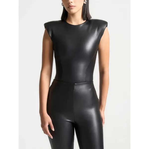 Manière De Voir Manierère De Voir Exaggerated Shoulder Vegan Leather Bodysuit - Black