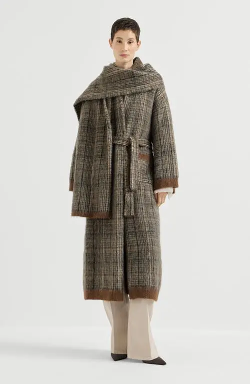 Brunello Cucinelli Mohair And Wool Prince Of Wales Double Knit Coat With Scarf - Brown
