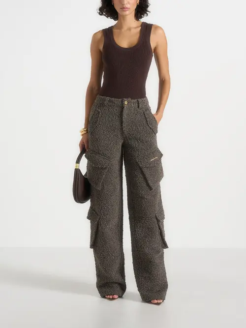 Manière De Voir Textured Boucle Wide Leg Cargo Trousers - Brown
