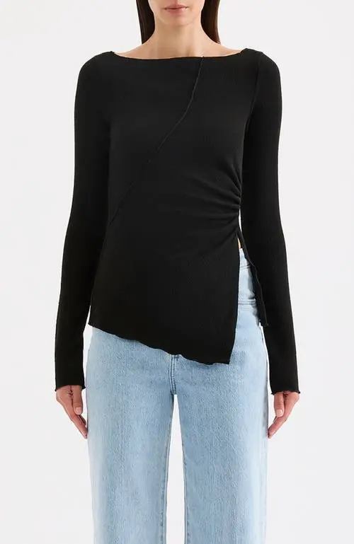 Nude Lucy Cora Long Sleeve Top Boatneck Asymmetrical Knit - Black