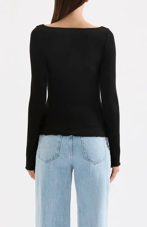 Nude Lucy Cora Long Sleeve Top Boatneck Asymmetrical Knit - Black