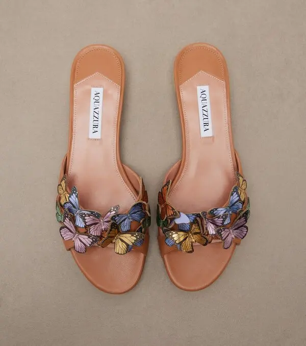 AQUAZZURA Papillon Applique Leather Slides - Brown