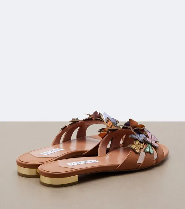 AQUAZZURA Papillon Applique Leather Slides - Brown