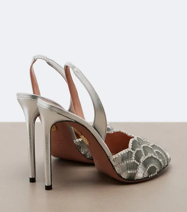 AQUAZZURA Metallic Leather Slingback Sandals With Embellished Open Toe