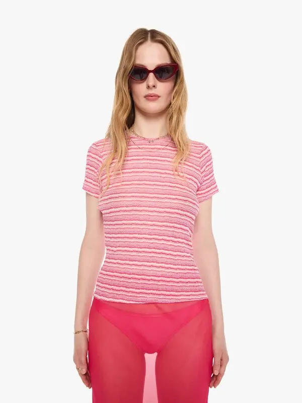 Sprwmn Baby Tee Striped Cotton Short Sleeve Top - Pink