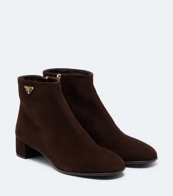 Prada Logo Suede Ankle Boots - Brown