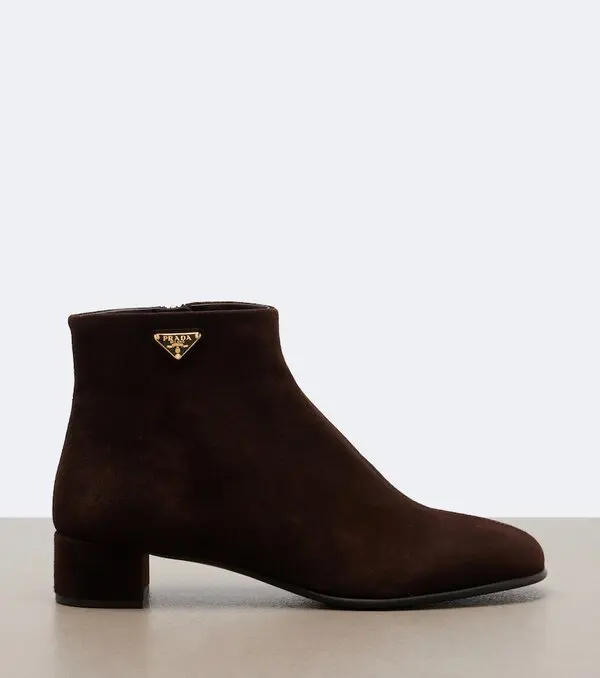 Prada Logo Suede Ankle Boots - Brown