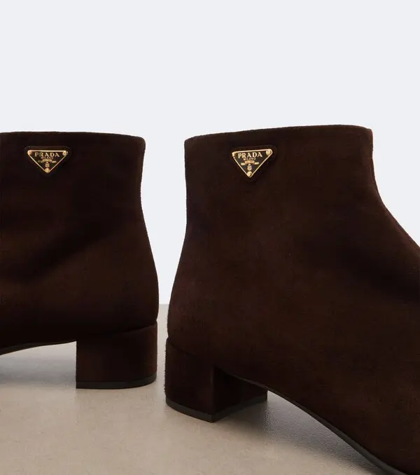 Prada Logo Suede Ankle Boots - Brown