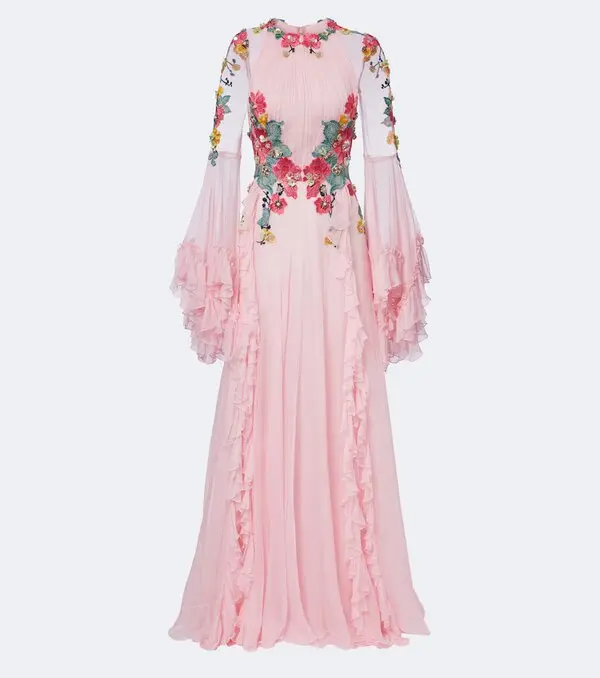 Costarellos Embellished Floral-appliqué Silk Gown - Pink