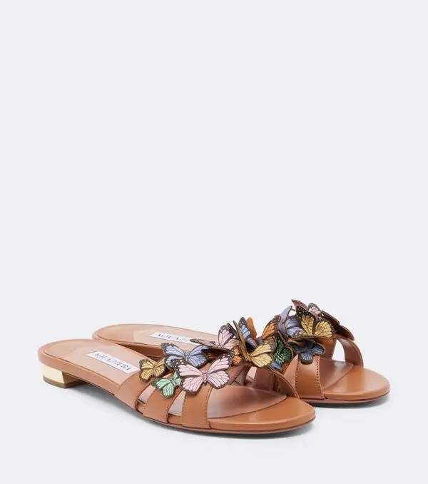 AQUAZZURA Papillon Leather Slides - Brown