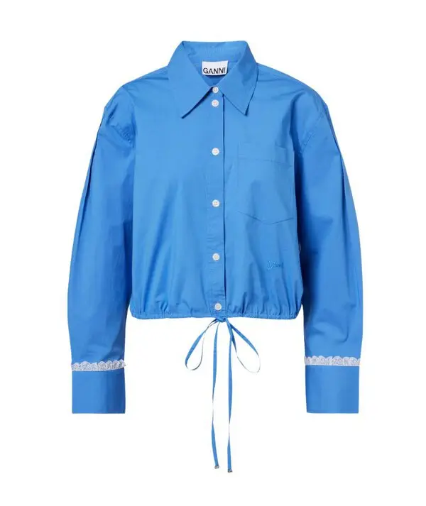 GANNI Cotton-blend Shirt With Drawstring Hem - Blue