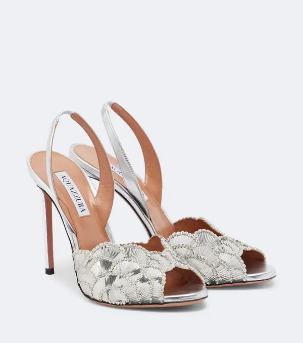 AQUAZZURA Metallic Leather Slingback Sandals - Silver