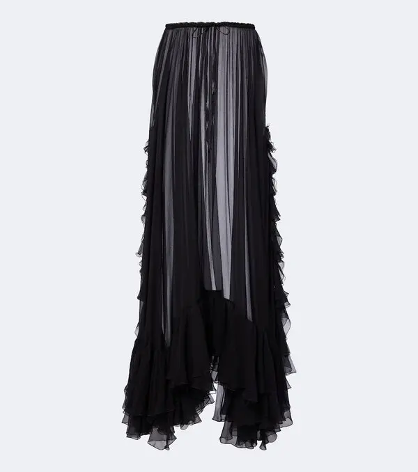 Chloé Ruffled Sheer Silk Maxi Skirt - Black