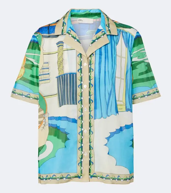 Tory Burch Printed Cotton Poplin Bowling Shirt - Blue